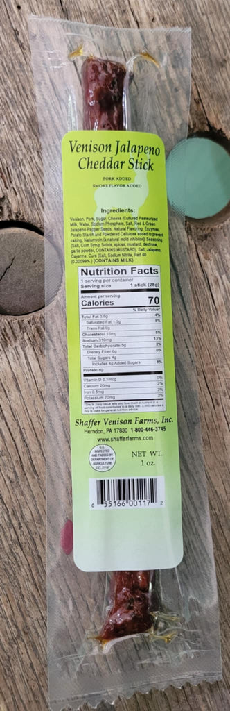 Individual packaged venison jalapeno cheddar snack stick
