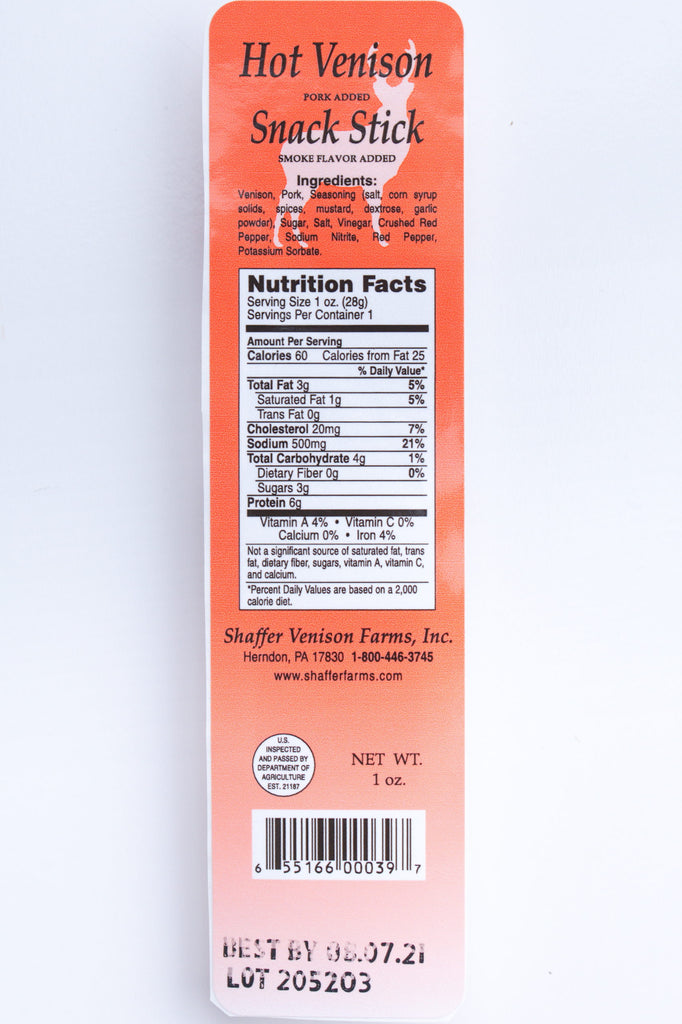 Individual packaged hot venison snack stick